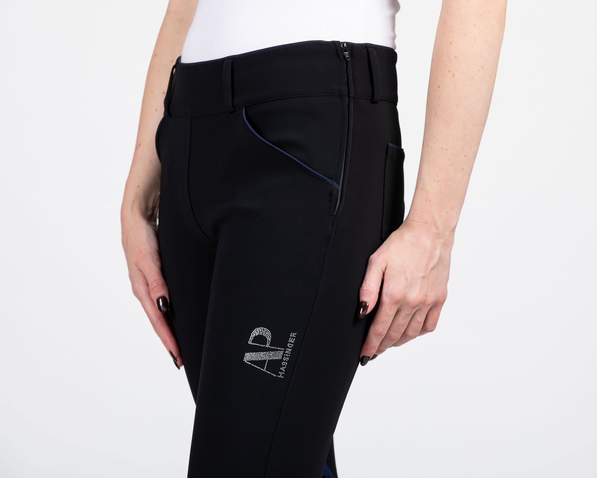 Hassinger Women's Black Magic Side Zip Breeches - Black/Navy Piping ...